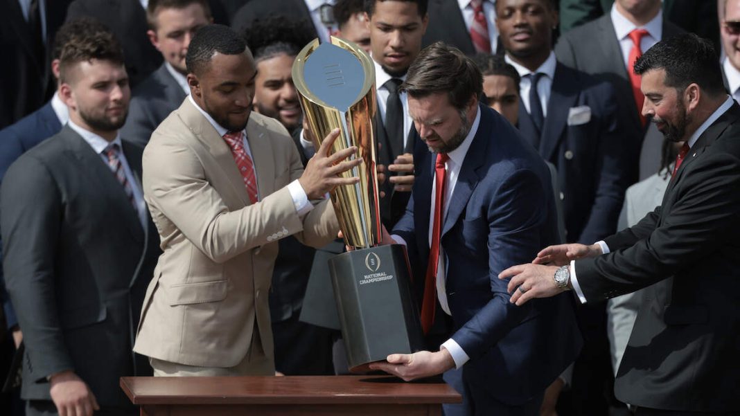WATCH: JD Vance Fumbles Ohio State’s National Championship Trophy ...